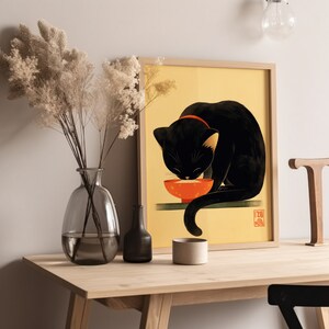 Bowl of Rice Cat Art, Tokyo Black Cat Rice Art Print, Japanese Food ...