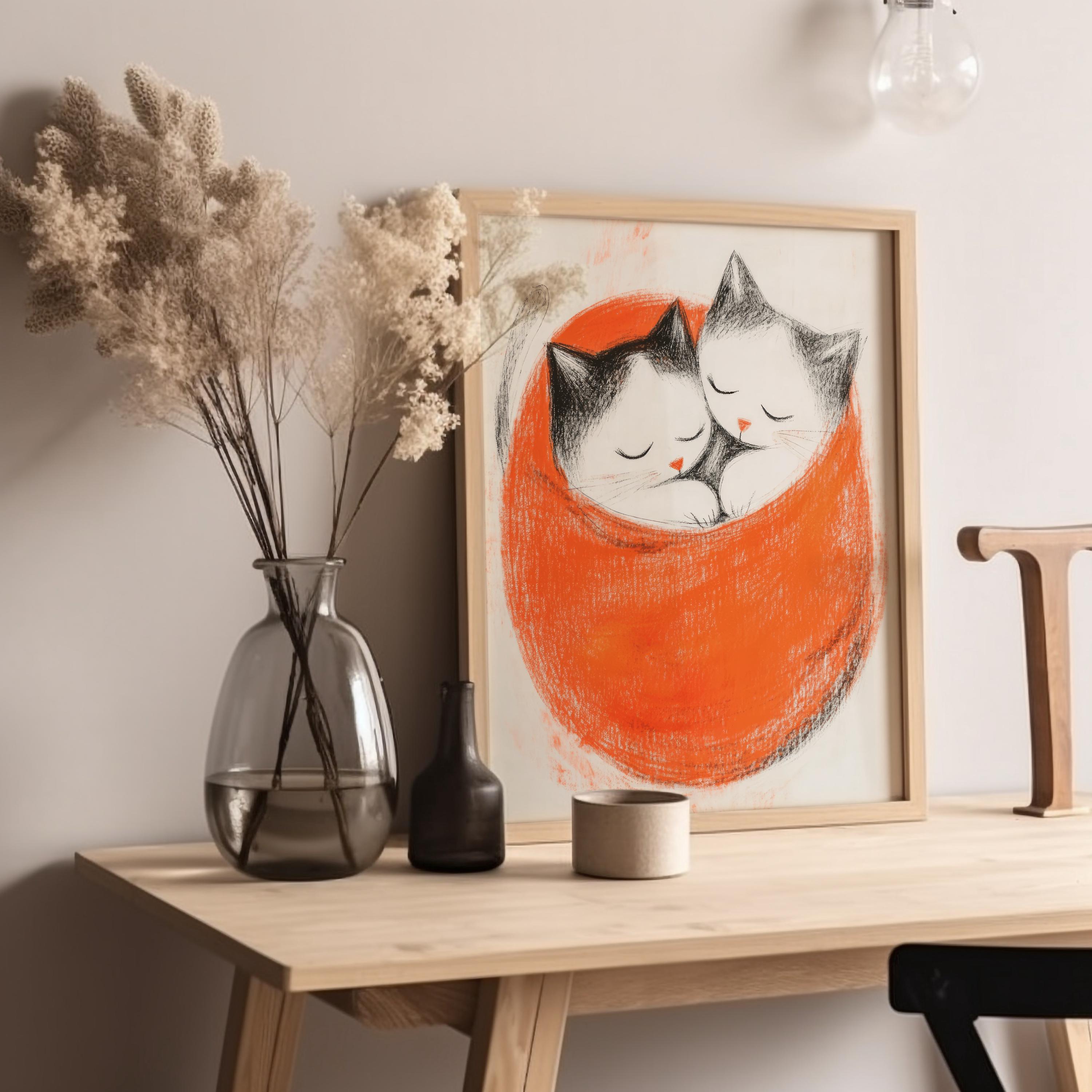 Minimalist Cat Sketch Print: Sleeping Cats in Blanket, Cozy Wall Art - Etsy