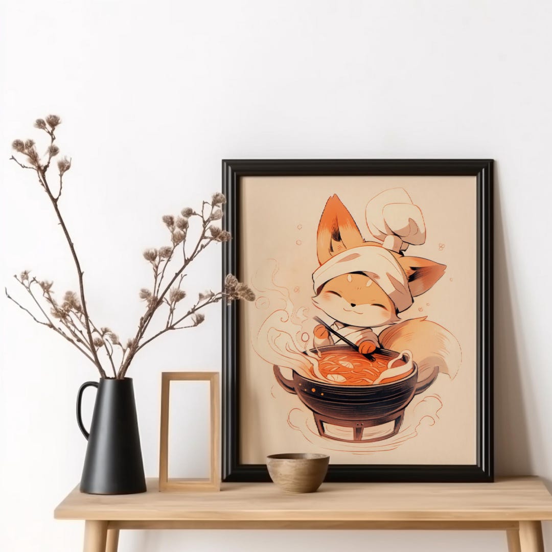 Fox Loves Ramen Art Japanese Food Poster Cute Kawaii Art Fox Chef Funny ...