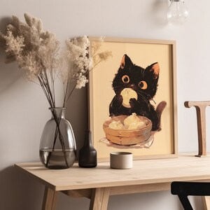 Asian Dumpling Black Cat Poster, Kawaii Cat Bao Dumpling Illustration ...