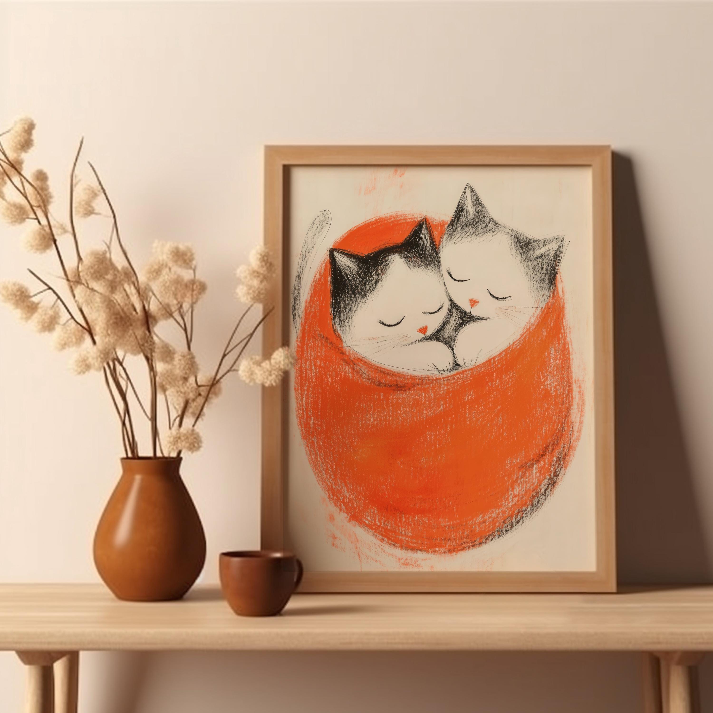 Minimalist Cat Sketch Print: Sleeping Cats in Blanket, Cozy Wall Art - Etsy