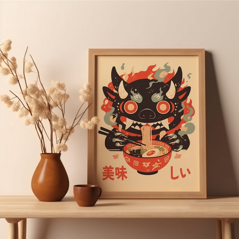 Japanese Oni Noodle Ogre Illustrated Art Print Gift Cute Japanese ...
