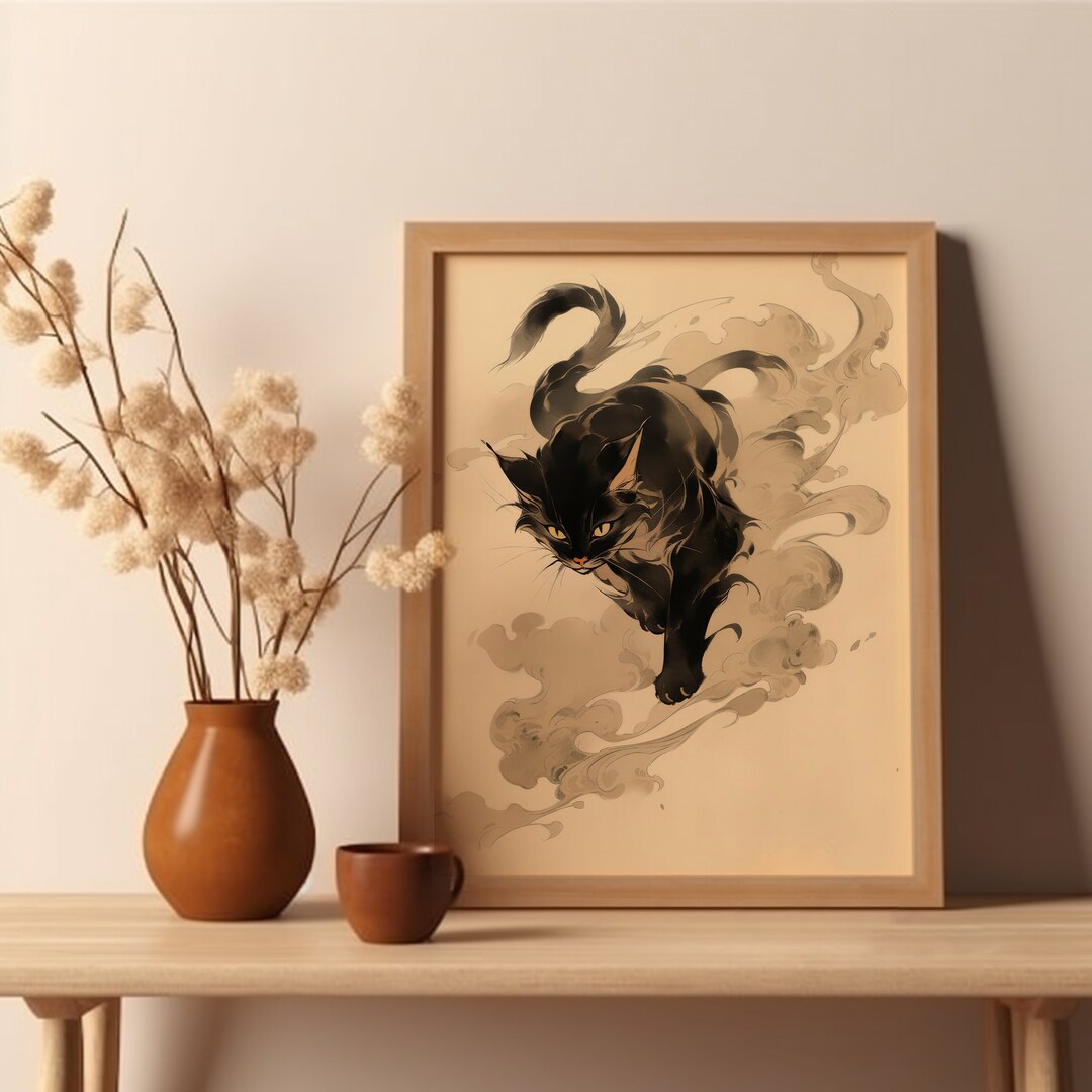 Black Tokyo Cat Art Cool Smoke Woodblock Print Japanese Cat Poster ...
