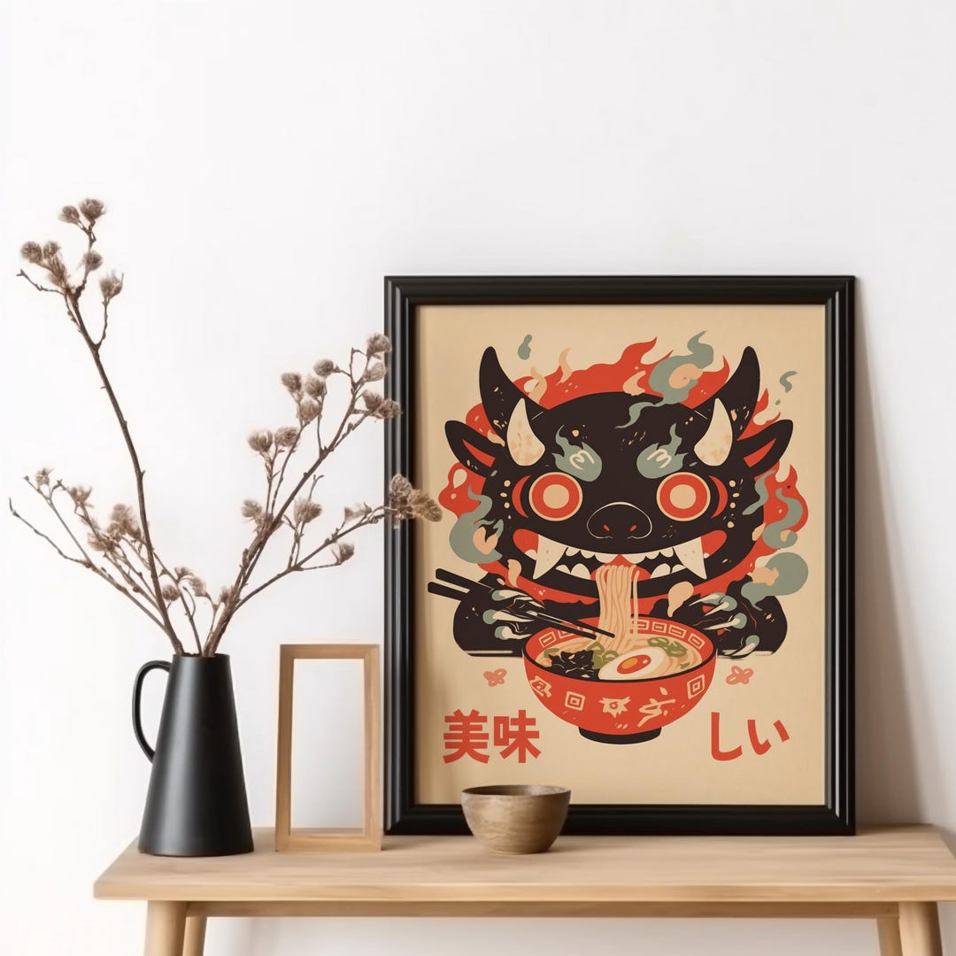 Japanese Oni Noodle Ogre Illustrated Art Print Gift Cute Japanese ...