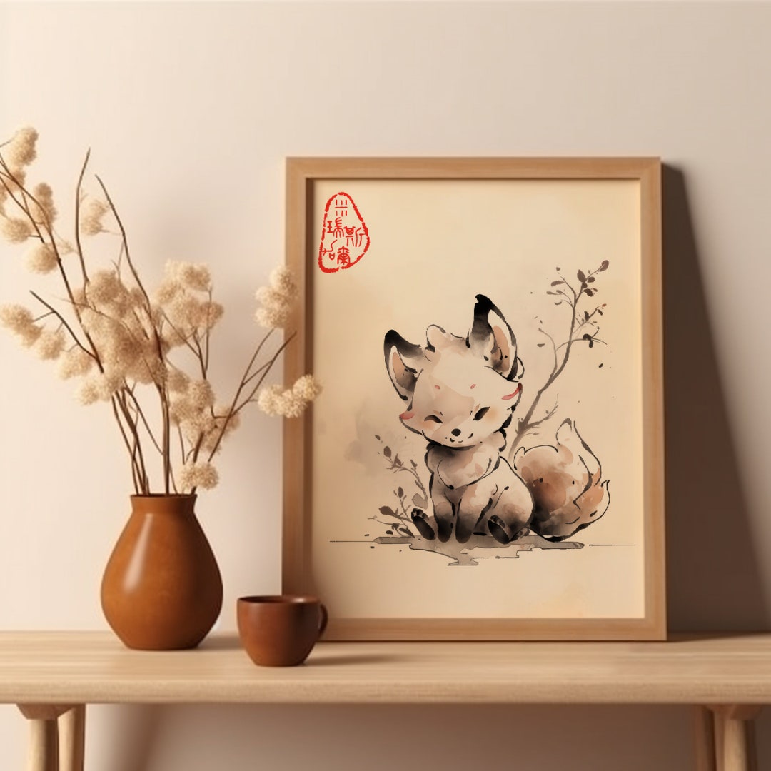 Japanese Fox Art Print Cute Fox Poster Minimalist Wall Decor Chibi Fox ...
