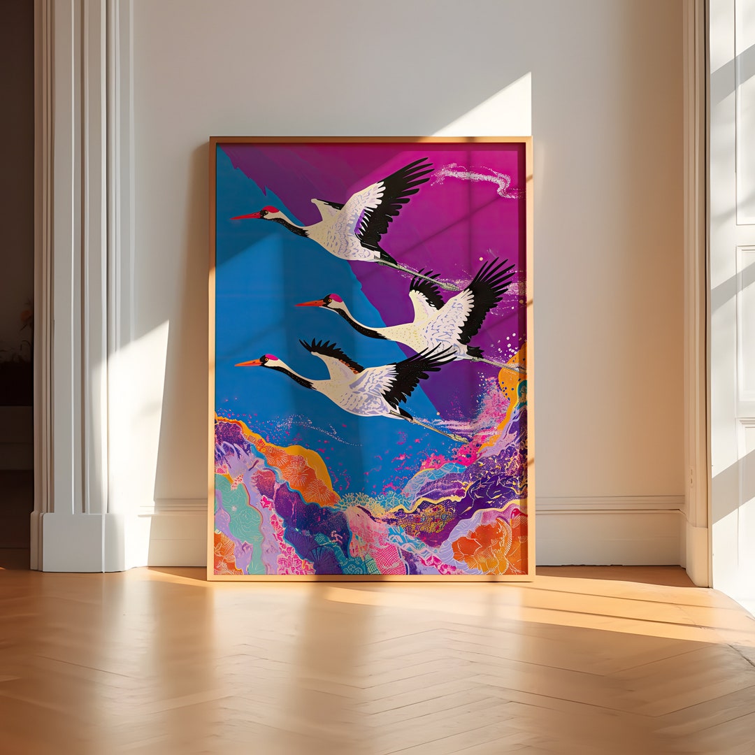 New Age Crane Art, Tokyo Color Crane Poster, Japanese Crane Modern Wall ...