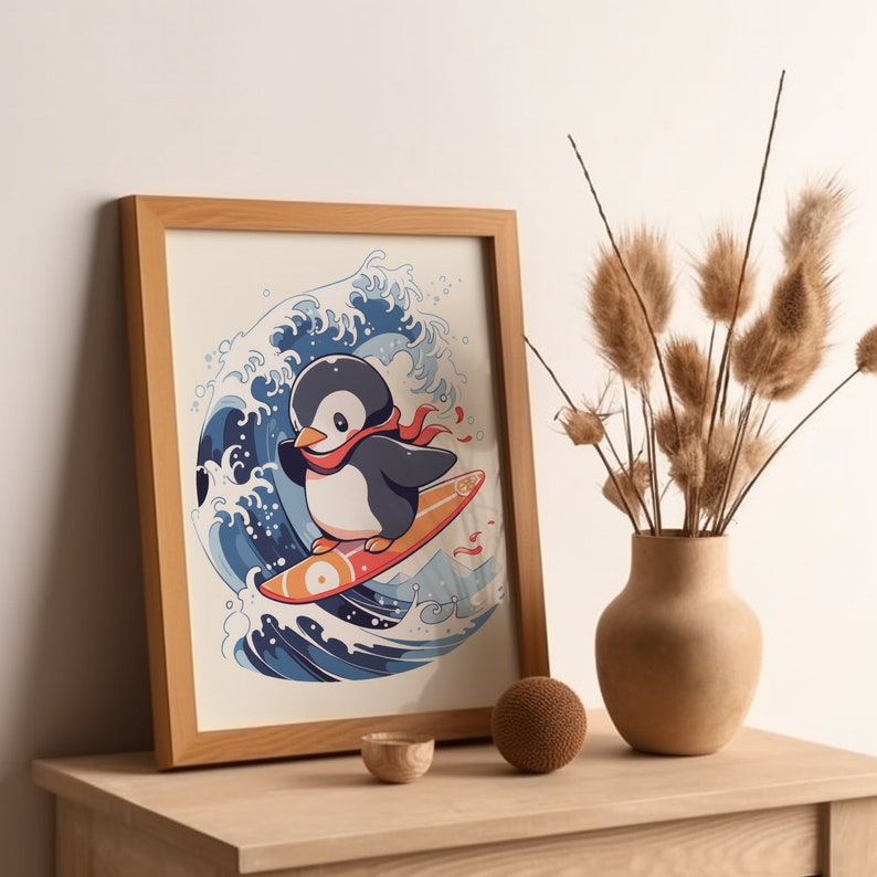 Surfing Penguin Poster Kids Decor Surfer Wall Art Retro Surf Poster ...