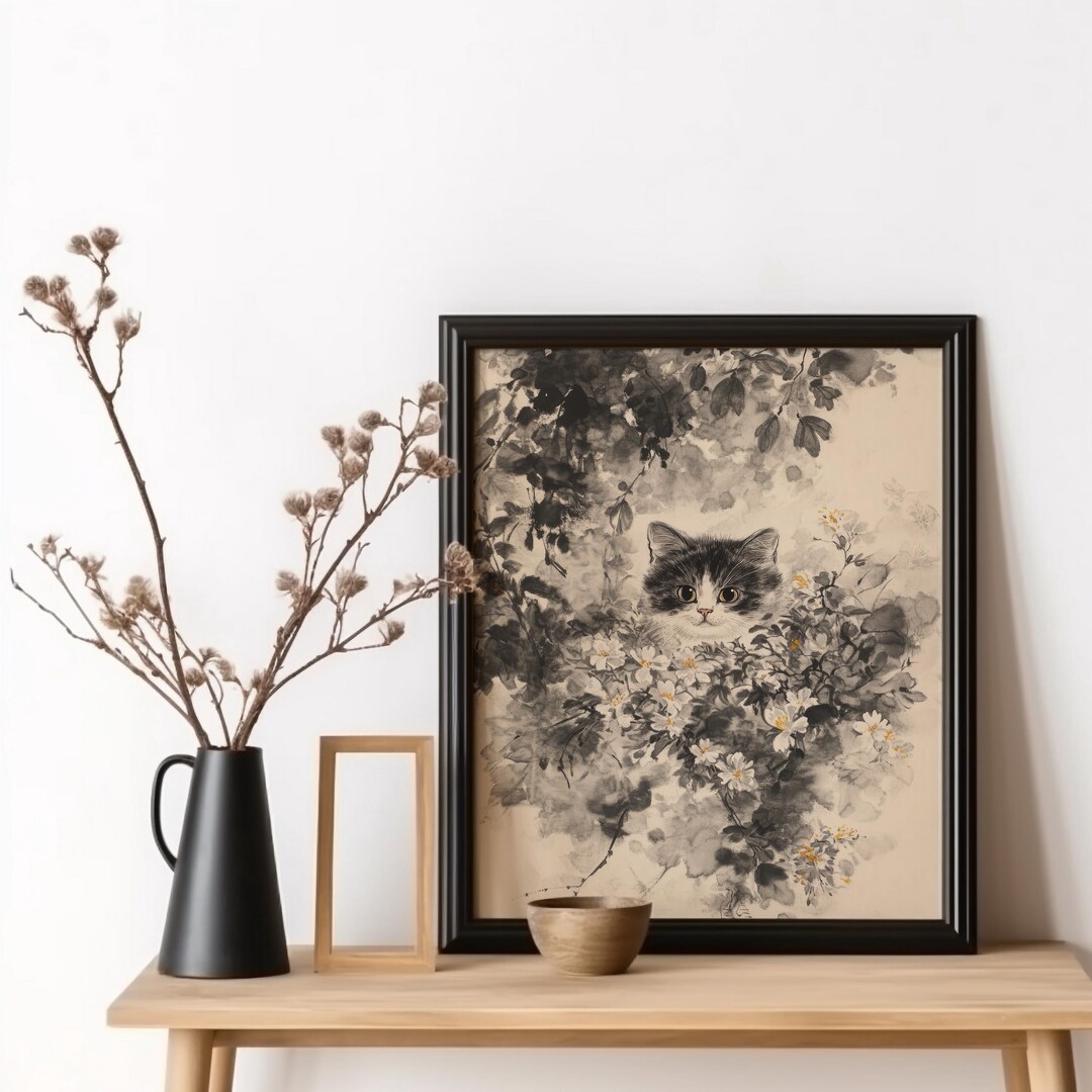 Floral Ink Kitten Print, Vintage Botanical Cat Art, Japanese Ink ...