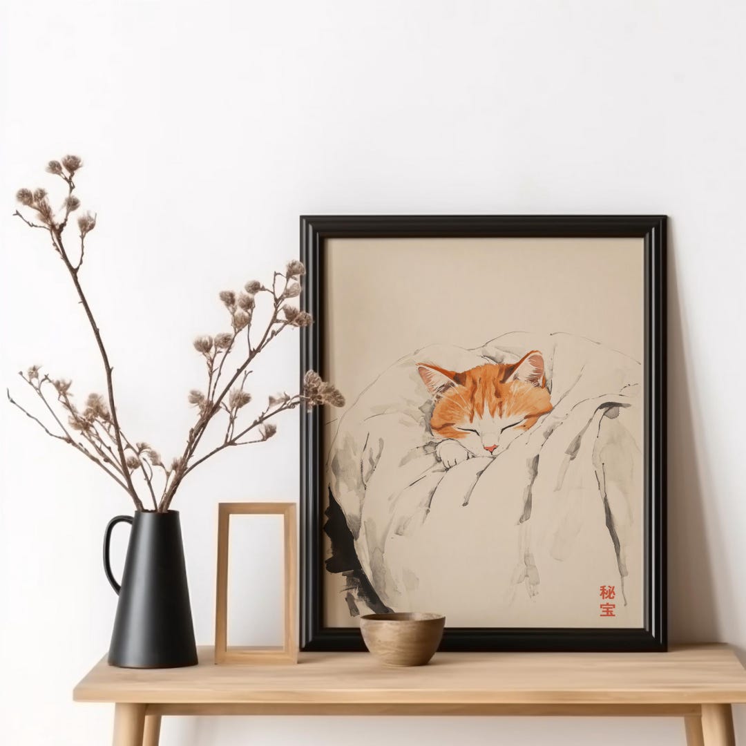 Japanese Tabby Cat Wall Art, Japanese Kitten Sleeping White Blanket Art ...