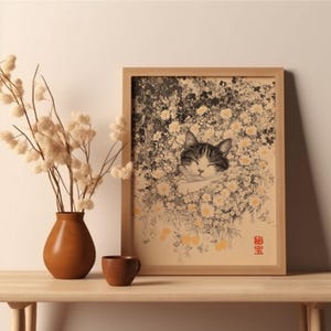 Japanese Floral Cat Print, Cat in Flowers Art, Vintage Botanical Cat ...