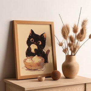 Asian Dumpling Black Cat Poster, Kawaii Cat Bao Dumpling Illustration ...