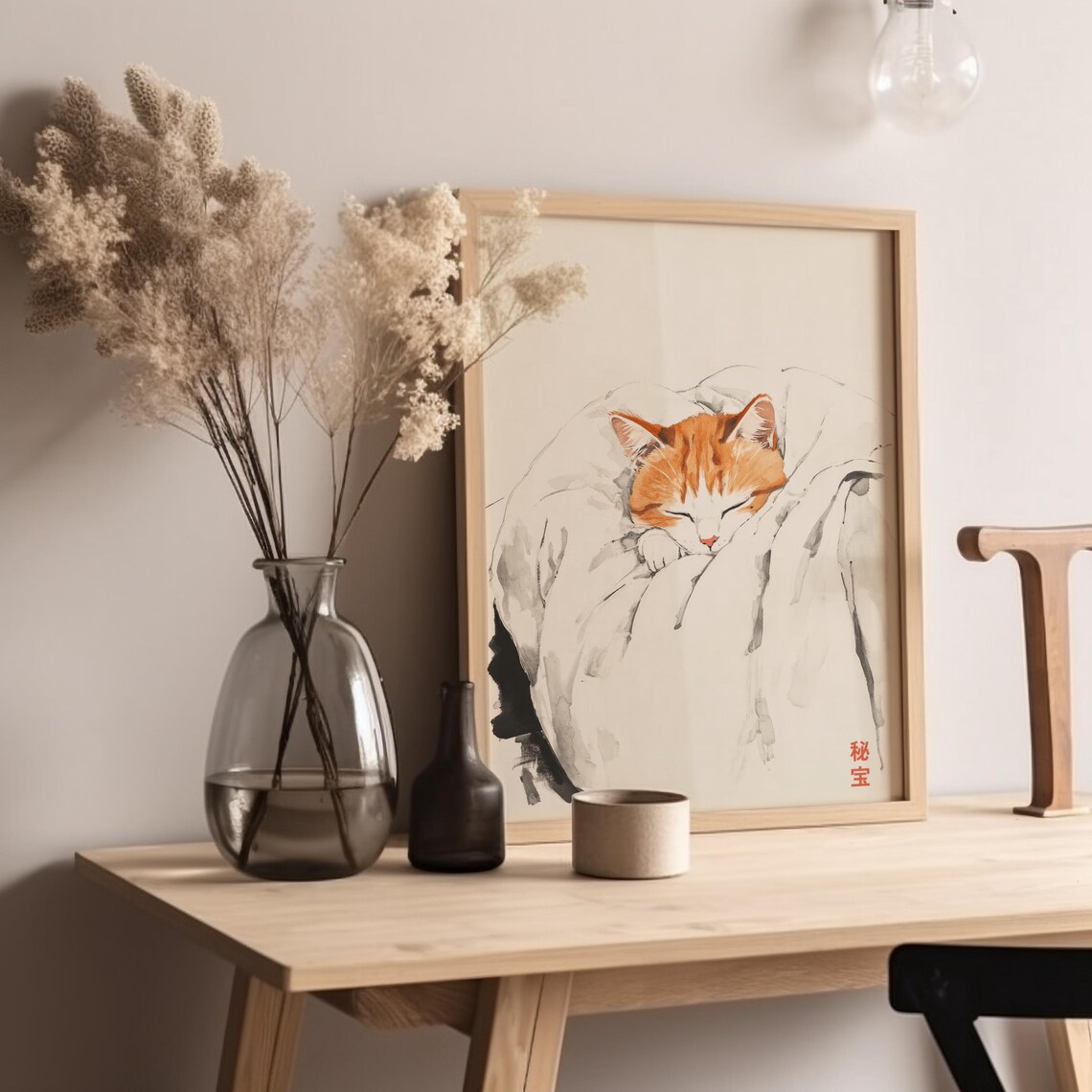 Japanese Tabby Cat Wall Art, Japanese Kitten Sleeping White Blanket Art ...