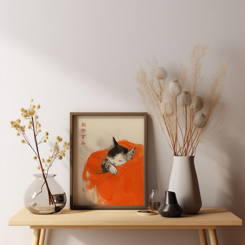 Oyasumi Cat Print, Japanese Goodnight Cat Art, Vintage Japanese Cat ...