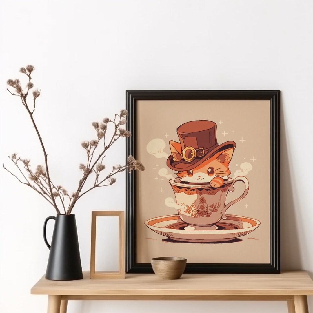 Cat Tea Poster Funny Cat in Cup Art Kitchen Decor Cat Hat Poster ...