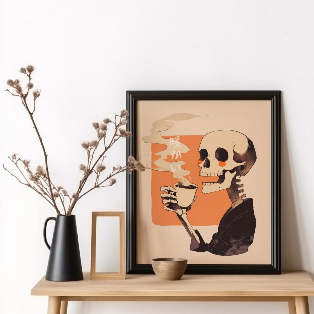 Satin Poster, Japanese Skeleton With Hot Coffee Atatakai Meaning Warm ...