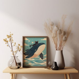 Happy Cat Riding Whale Poster, Cartoon Cat and Whale, Joyful Fun Animal ...