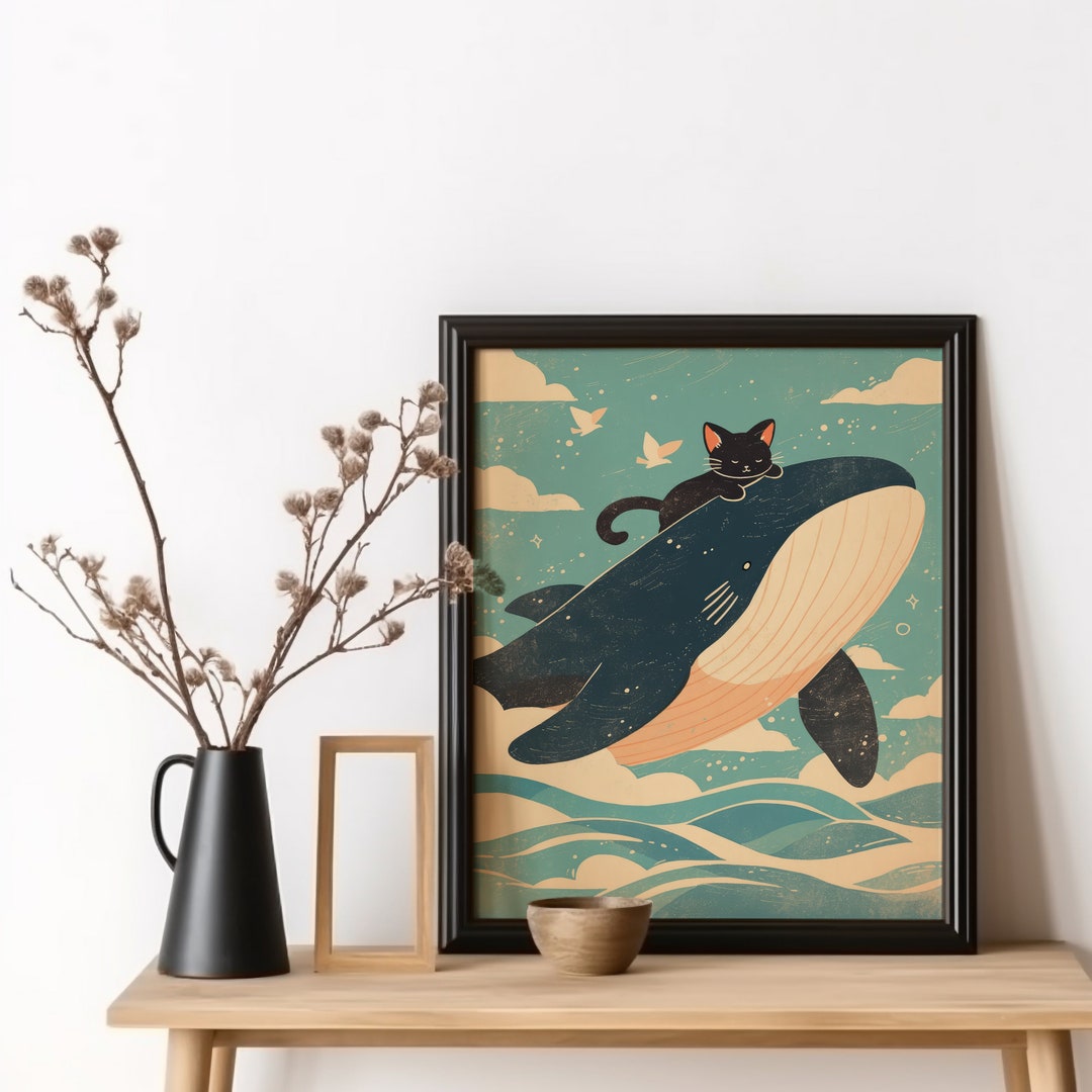 Happy Cat Riding Whale Poster, Cartoon Cat and Whale, Joyful Fun Animal ...