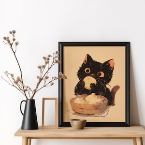 Asian Dumpling Black Cat Poster, Kawaii Cat Bao Dumpling Illustration ...
