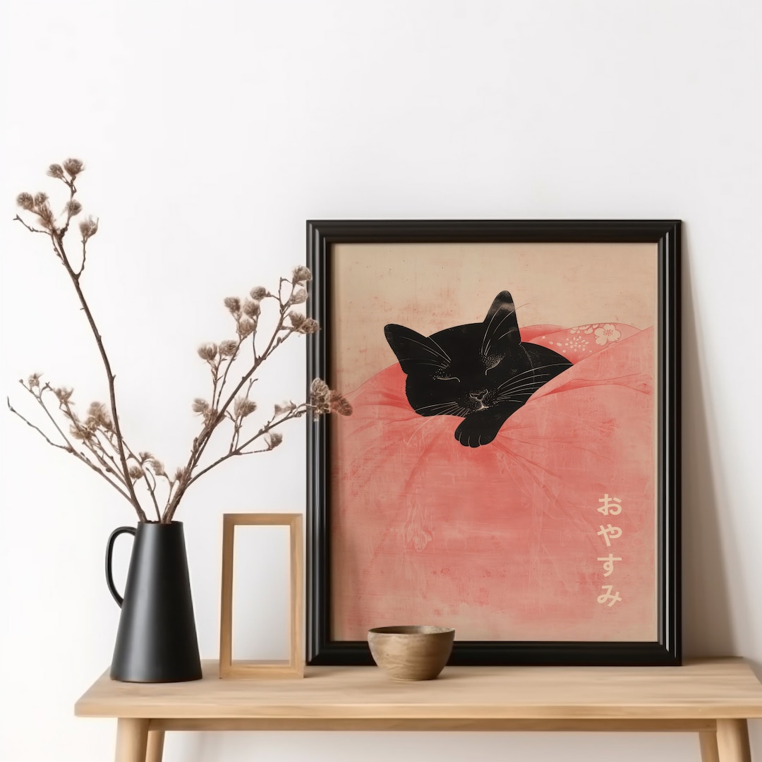 Pink Japanese Cat Wall Art, Oyasumi "goodnight" in Japanese, Black Cat ...
