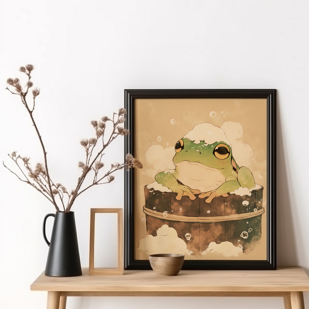 Japanese Frog in Bath Art Print, Frog Bubble Bath Poster, Anime Frog ...