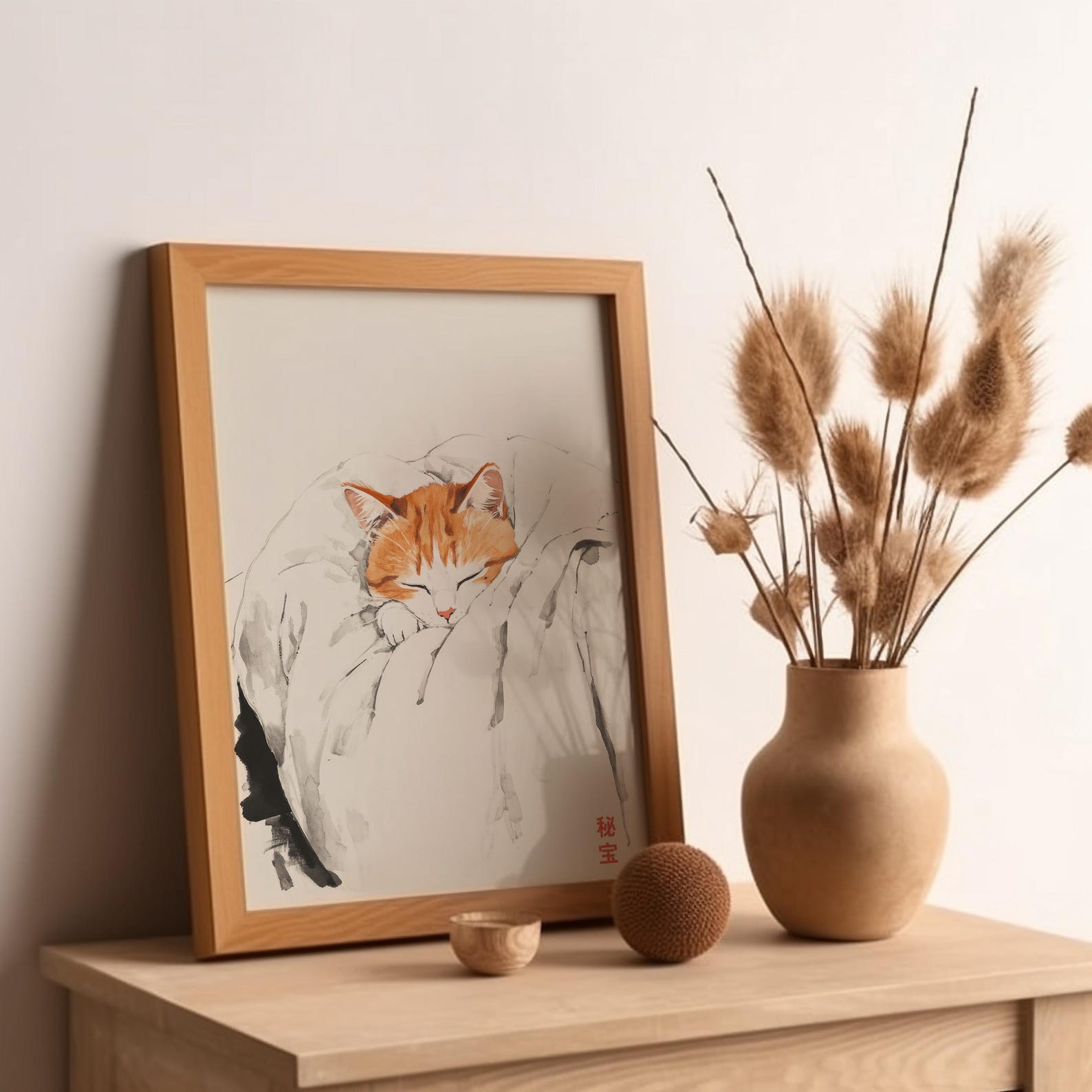 Japanese Tabby Cat Wall Art, Japanese Kitten Sleeping White Blanket Art ...