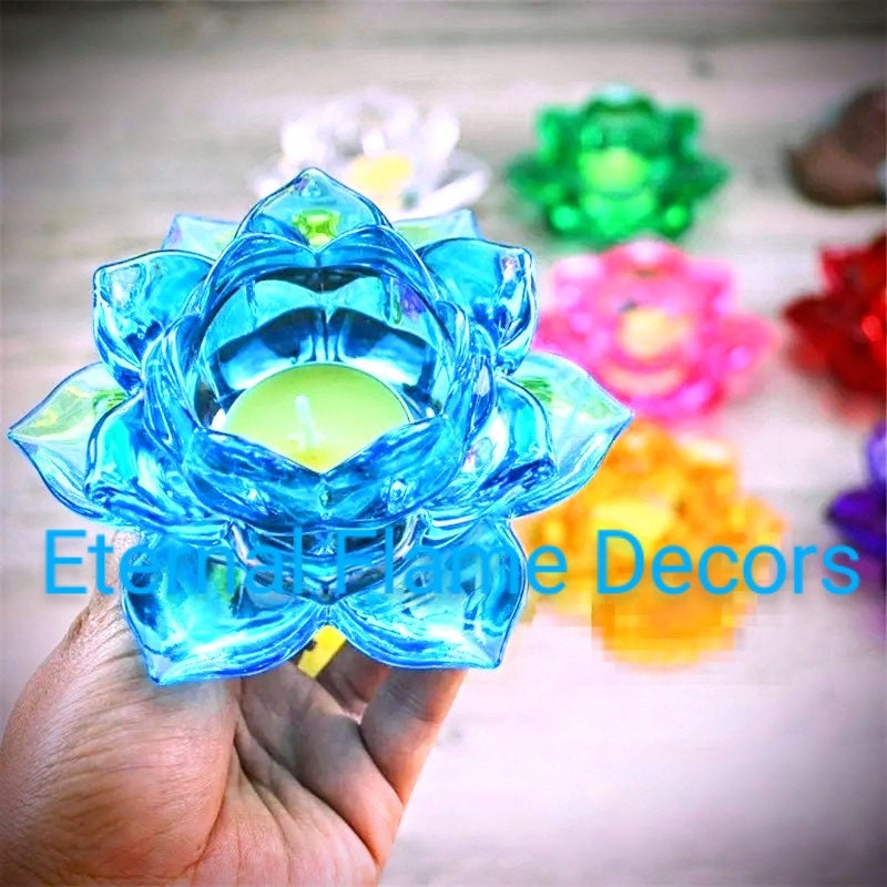 Mini Baby Blue Crystal Lotus Clear Glass Candle Holder - A Real Jewel ...