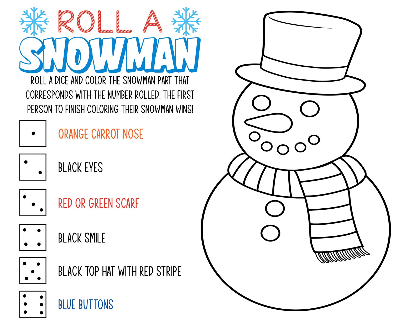 Roll a Snowman /dice Game / Winter Game/ January Game /new Years Game ...