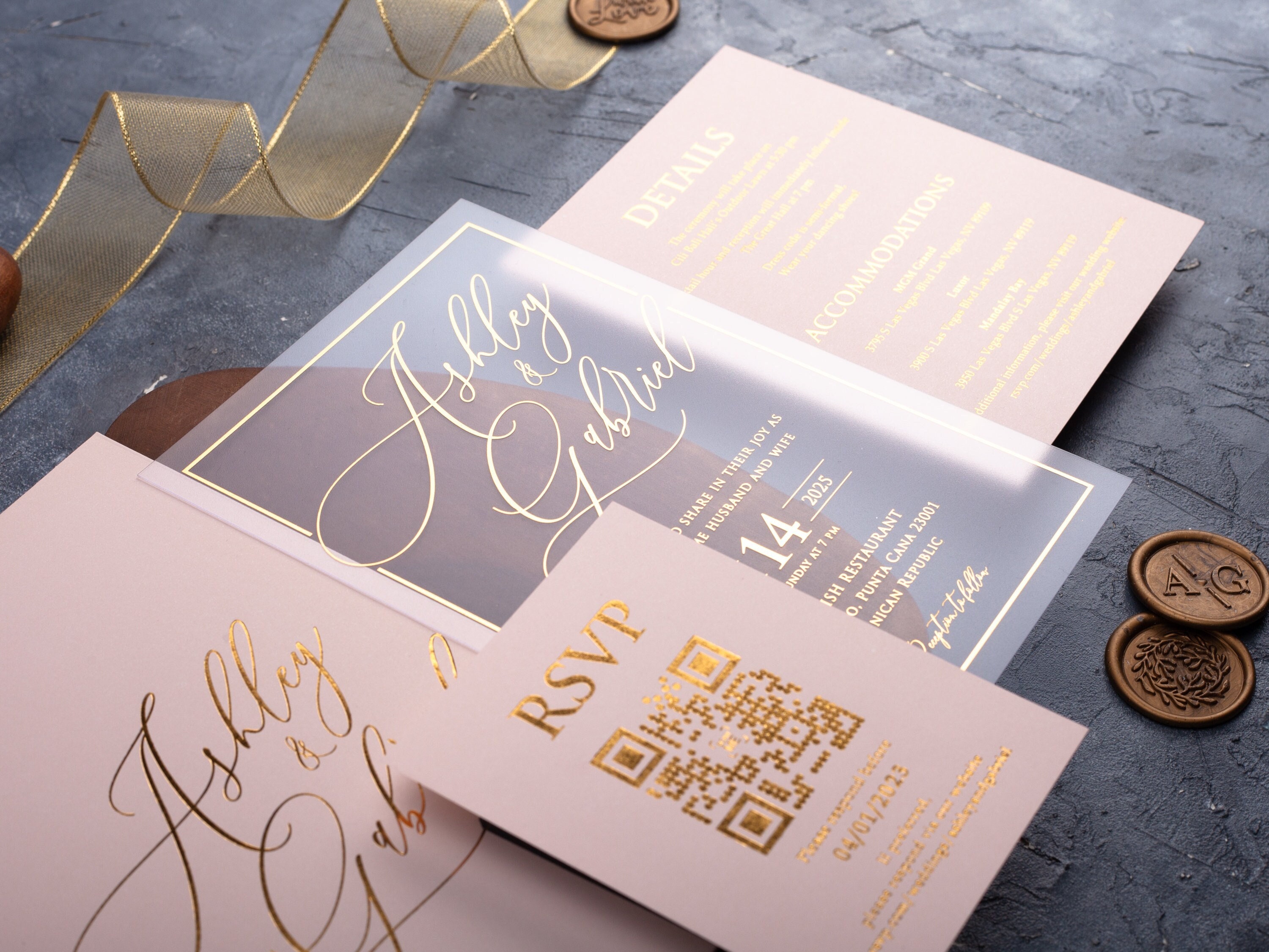 Custom Blush Pink and Gold Acrylic Wedding Invitation With Elegant Gold ...