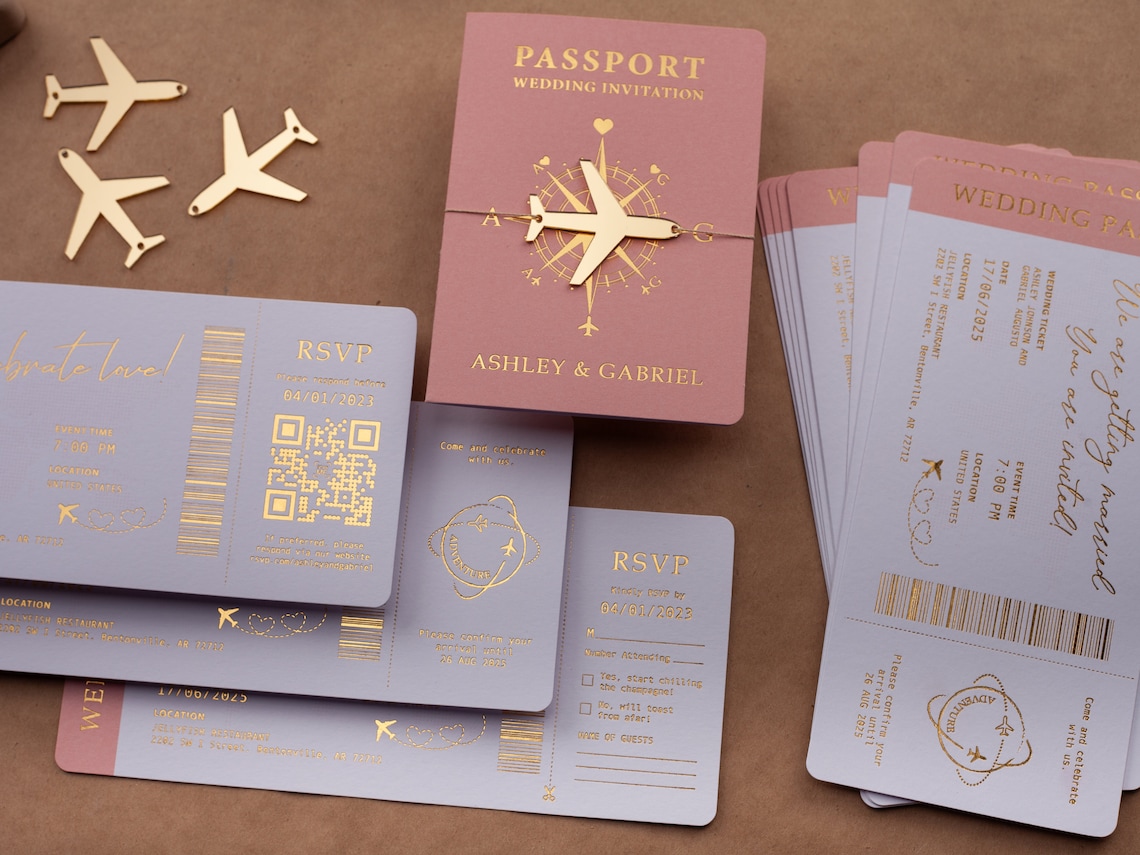 Wedding Passport Pink & Gold Passport Style Invitation, Boarding Pass ...
