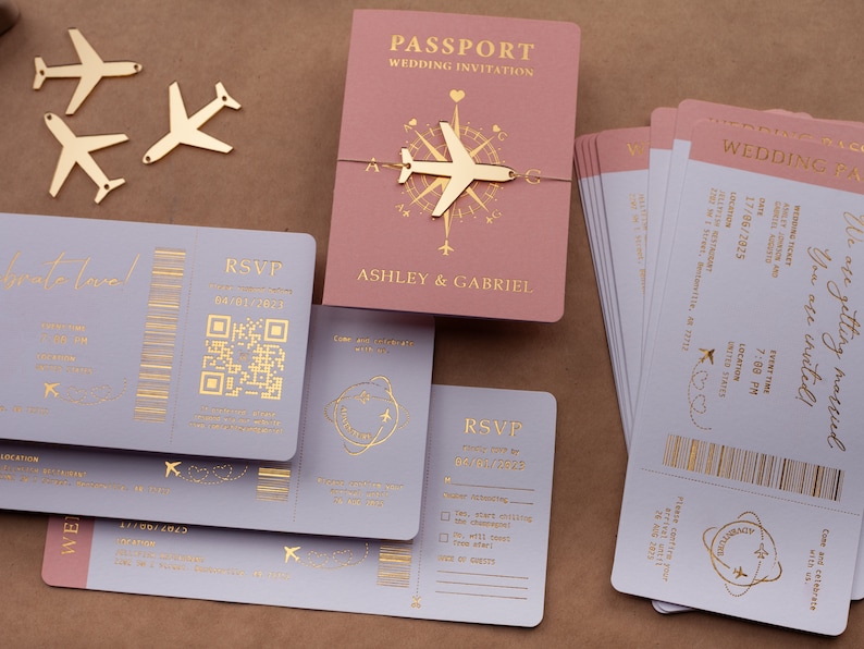 Wedding Passport Pink & Gold Passport Style Invitation, Boarding Pass ...
