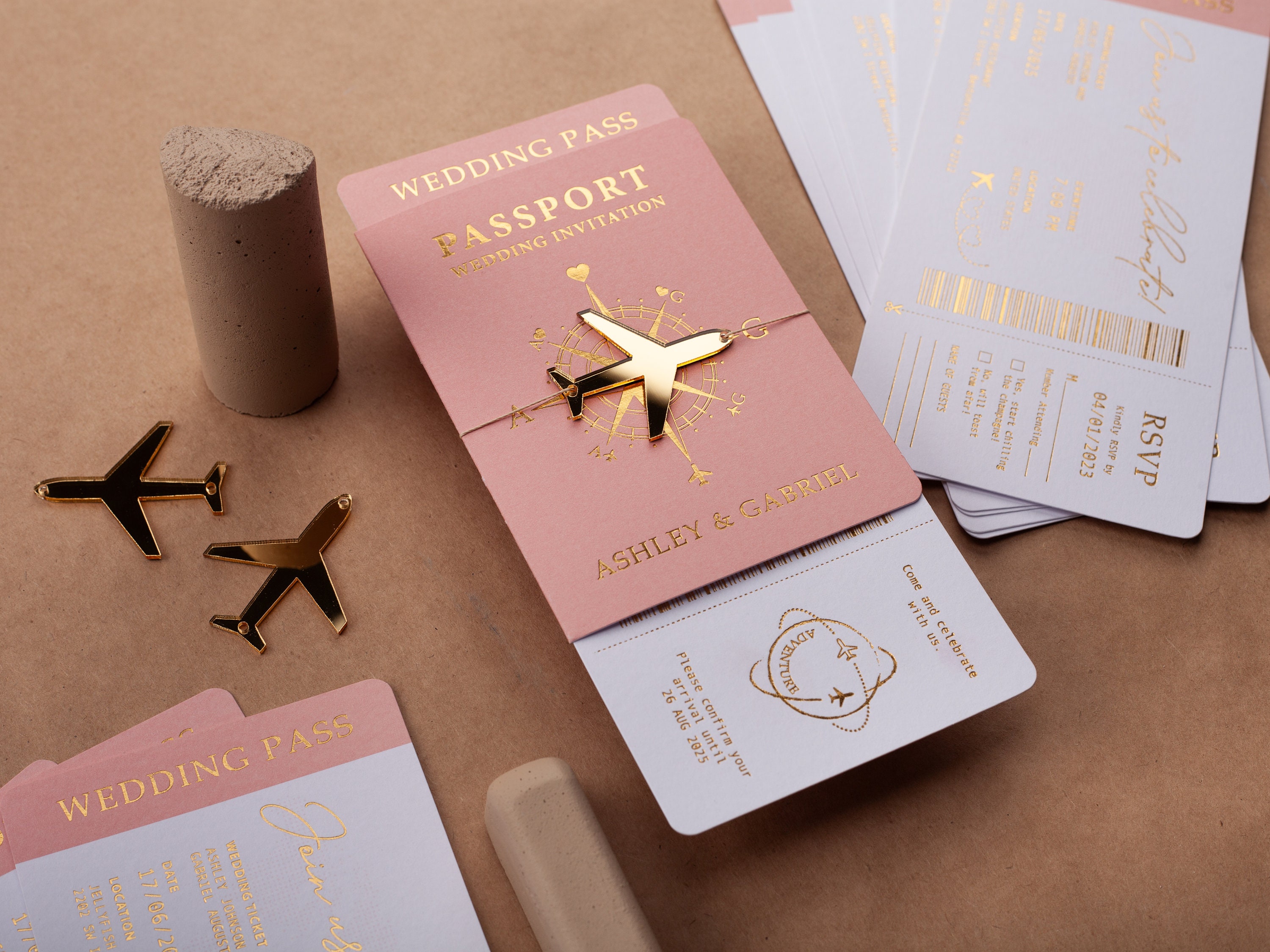 Wedding Passport Pink & Gold Passport Style Invitation, Boarding Pass ...