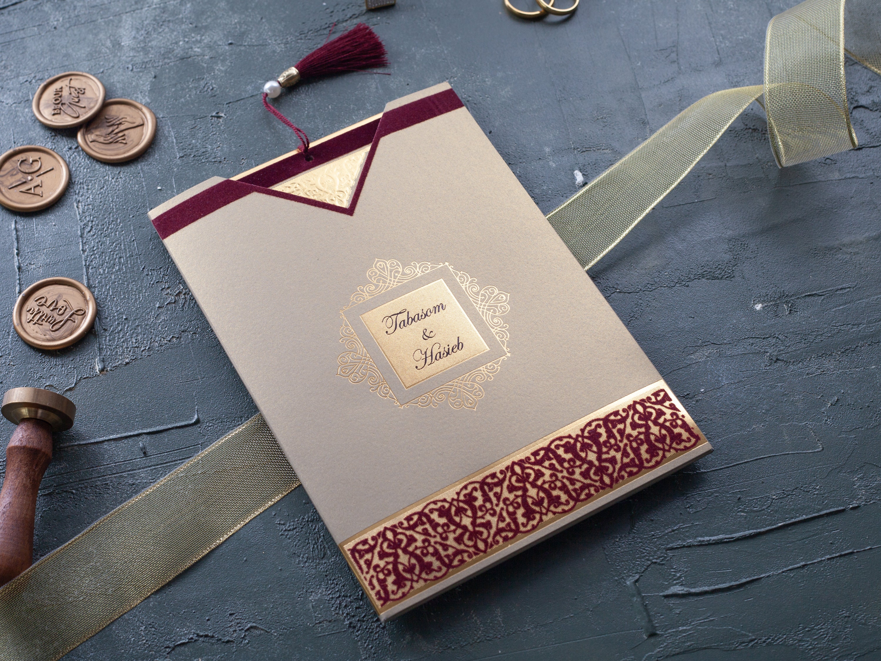 Luxurious Islamic Wedding Invitation, Red Velvet & Gold Cards, Arabic ...
