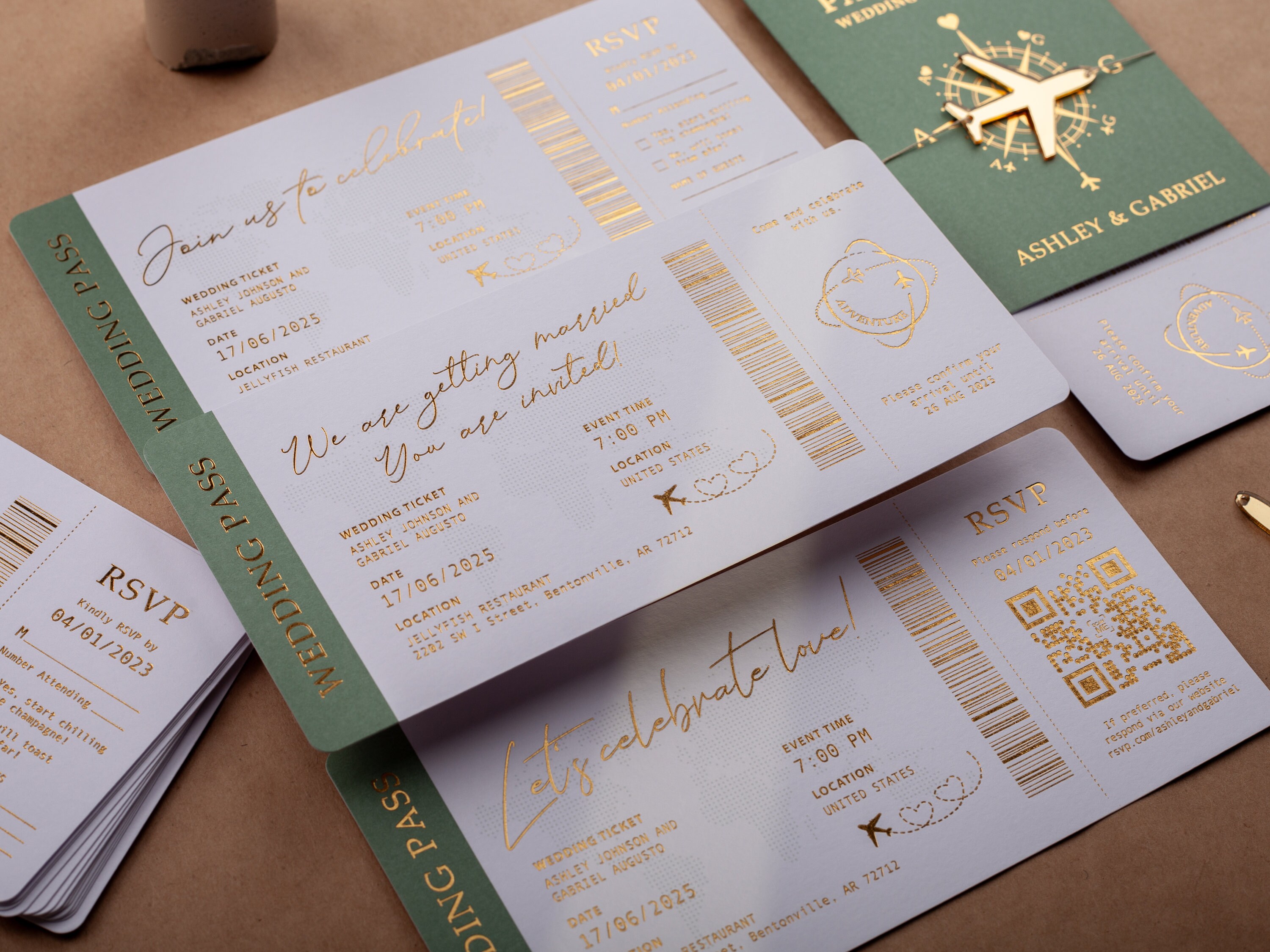 Sage Green and Gold Foil Passport Wedding Invitation, Boarding Pass ...