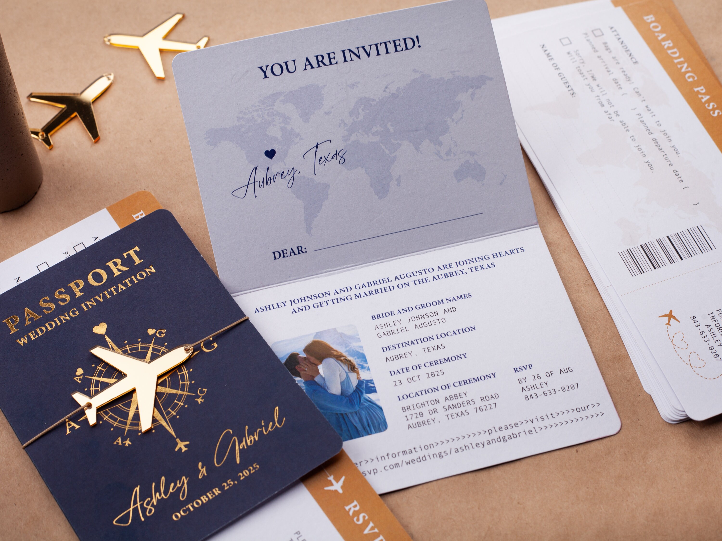 Navy & Gold Foil Passport Style Wedding Invitation Boarding Pass ...