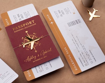 Burgundy & Gold Foil Passport-style Destination Wedding Invitation With ...