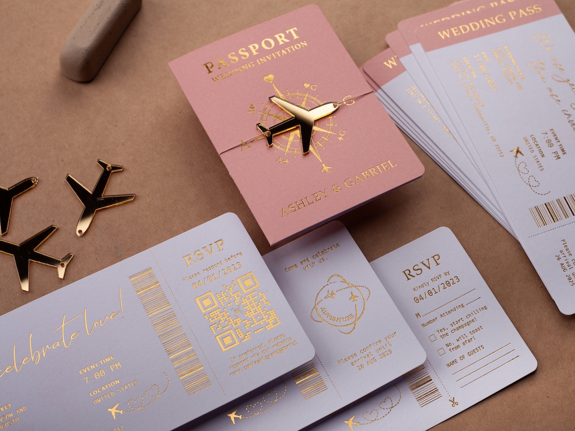 Wedding Passport Pink & Gold Passport Style Invitation, Boarding Pass ...