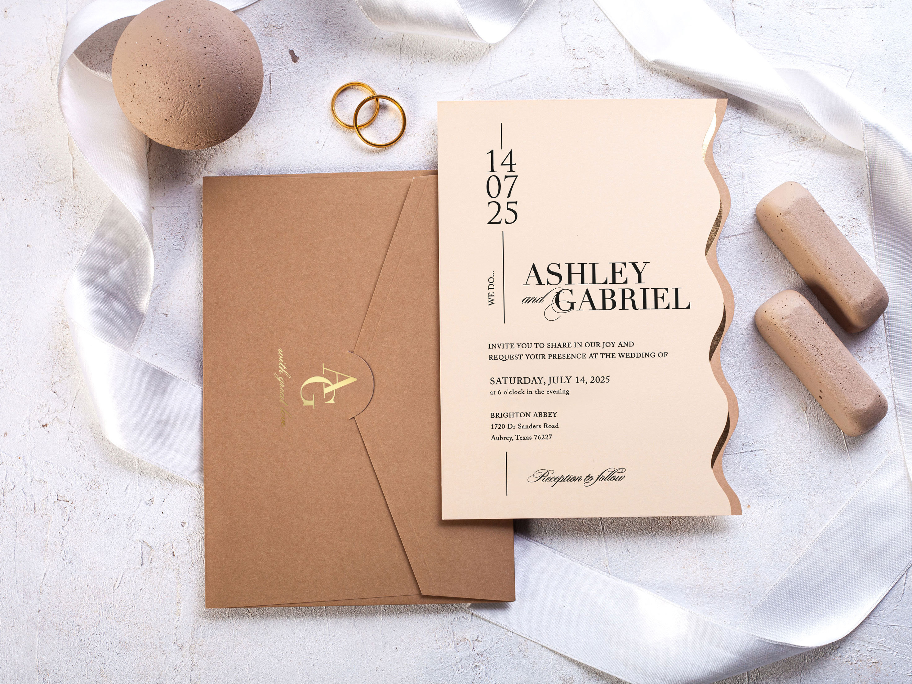 Elegant Beige Wedding Invitation Set: Gold Foil, Unique Cut, Luxurious ...