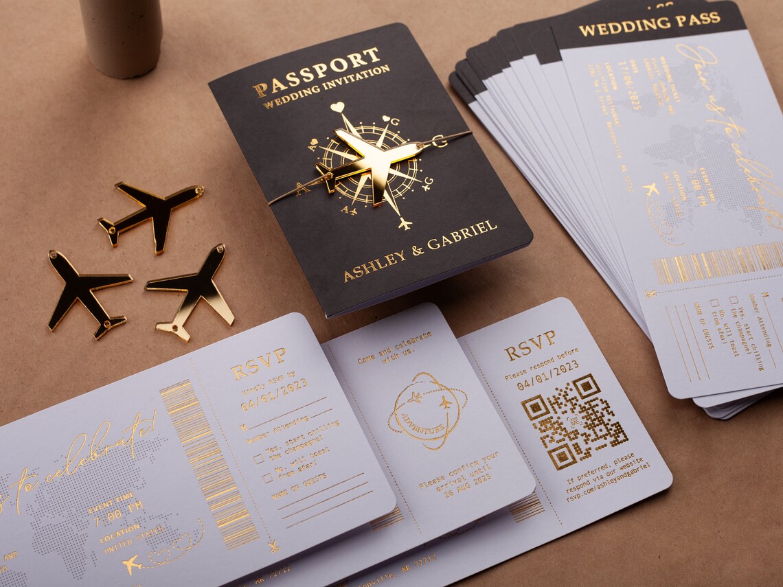 Black & Gold Foil Passport Style Wedding Invite: Boarding Pass ...