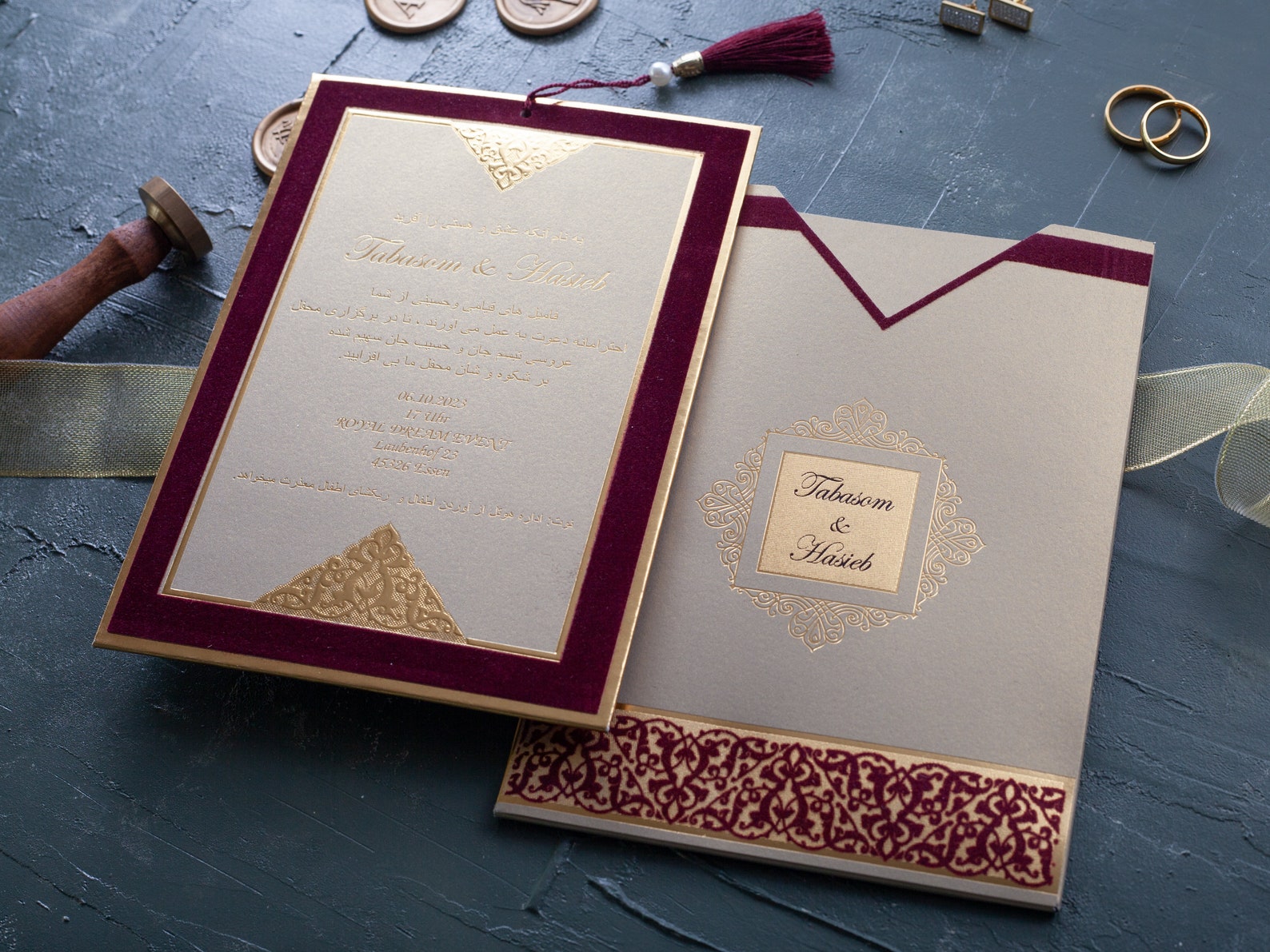 Luxurious Islamic Wedding Invitation, Red Velvet & Gold Cards, Arabic ...