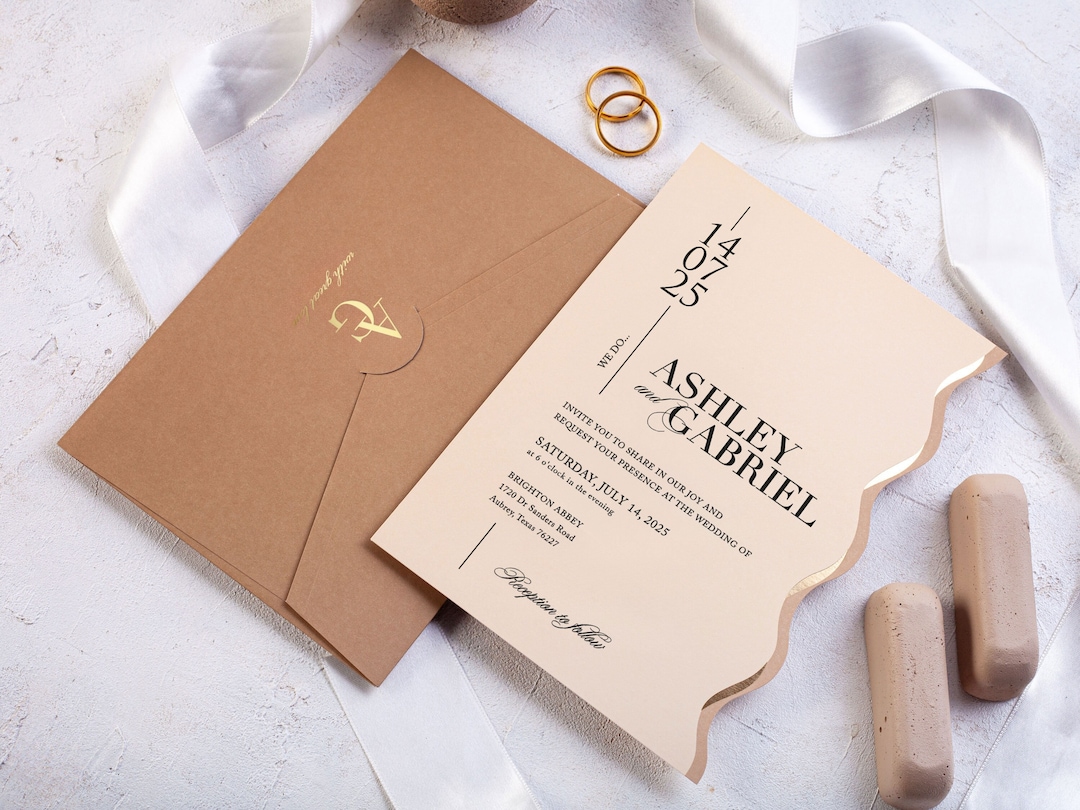 Elegant Beige Wedding Invitation Set: Gold Foil, Unique Cut, Luxurious ...