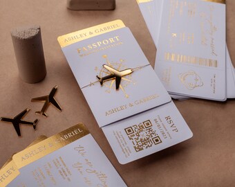 White and Gold Foil Passport-style Wedding Invitation, Boarding Pass ...