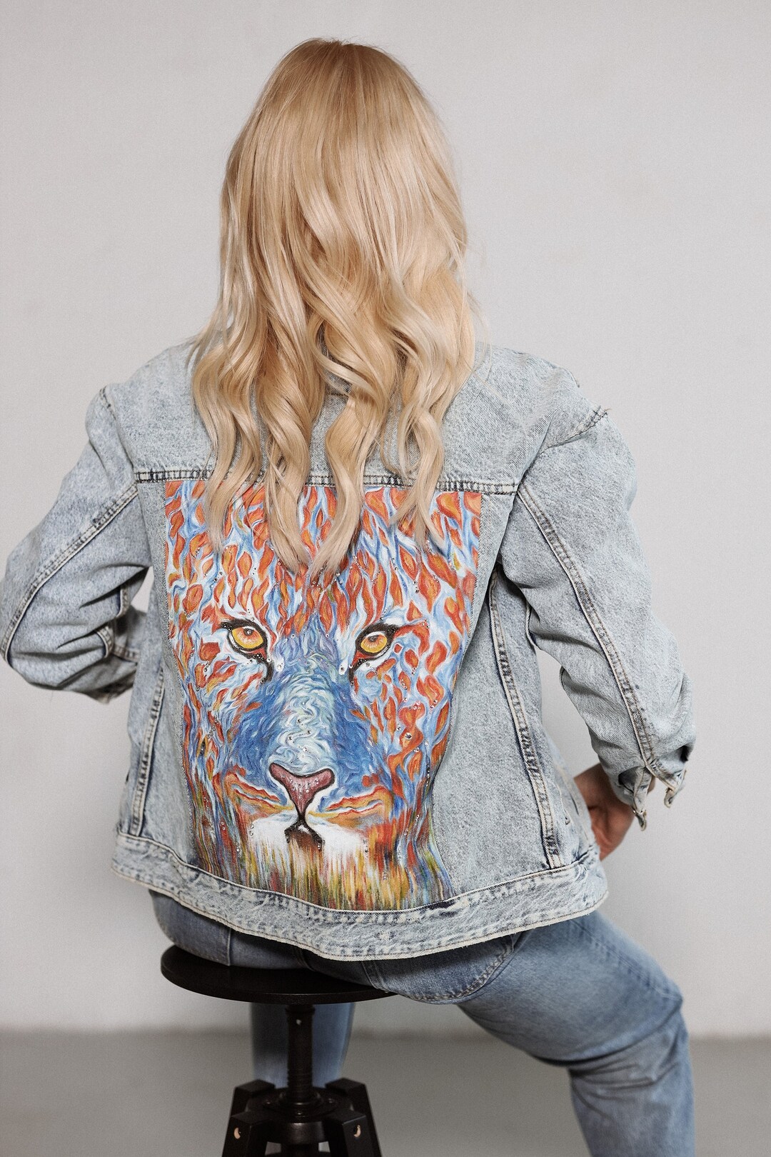 Women's Light Blue Oversized Denim Jacket With Swarovski Crystals,hand ...