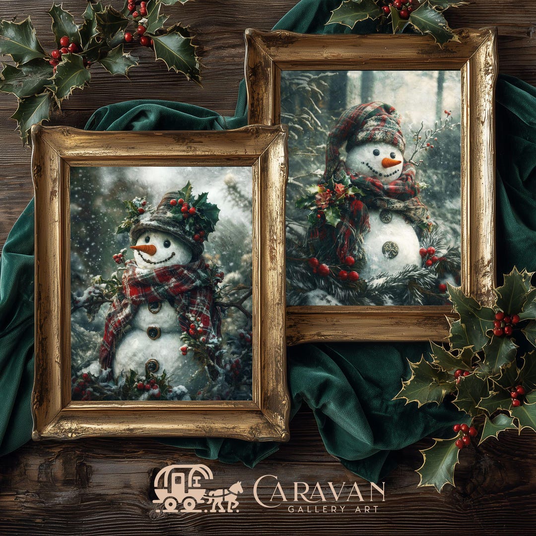 Scottish Snowmen Gallery Set of 2 Printable Wall Art, Vintage Christmas ...