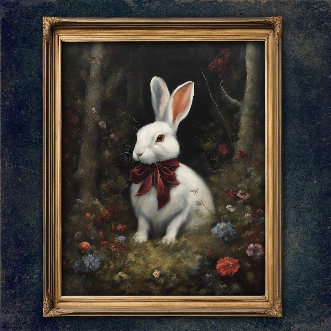Victorian White Rabbit and Flowers Dark Academia Wall Art, Printable ...