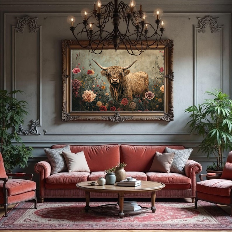 Moody Highland Cow Floral Dark Cottage Core Print for Rustic Decor ...