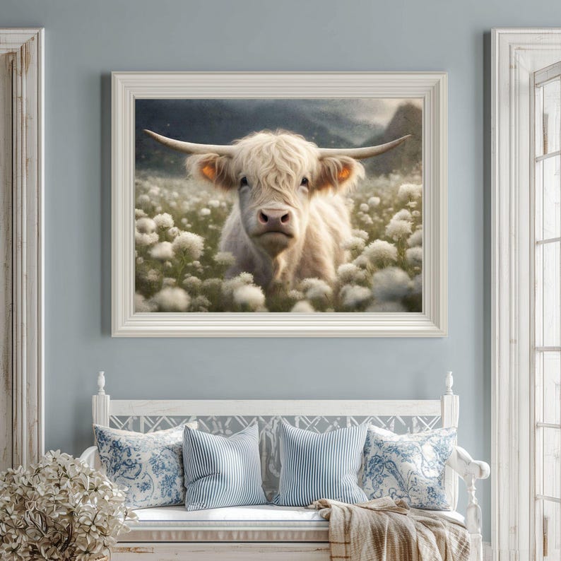 White Highland Cow in Wildflower Field Printable Wall Art- Rustic ...