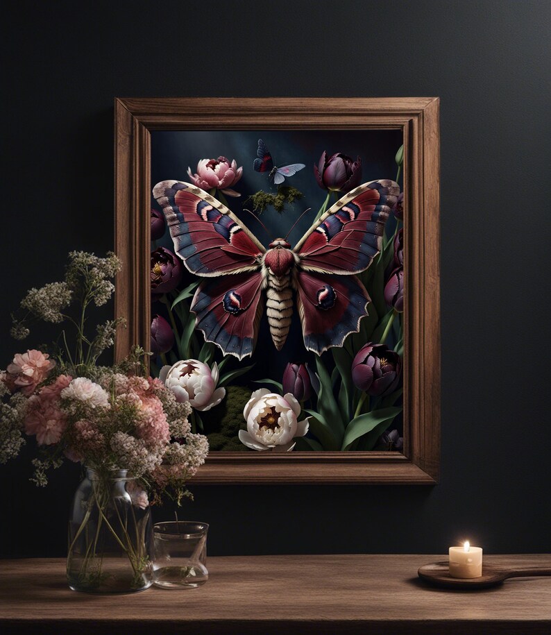 Victorian Moth Floral Art Print With 6 Frame Options, Dark Academia ...