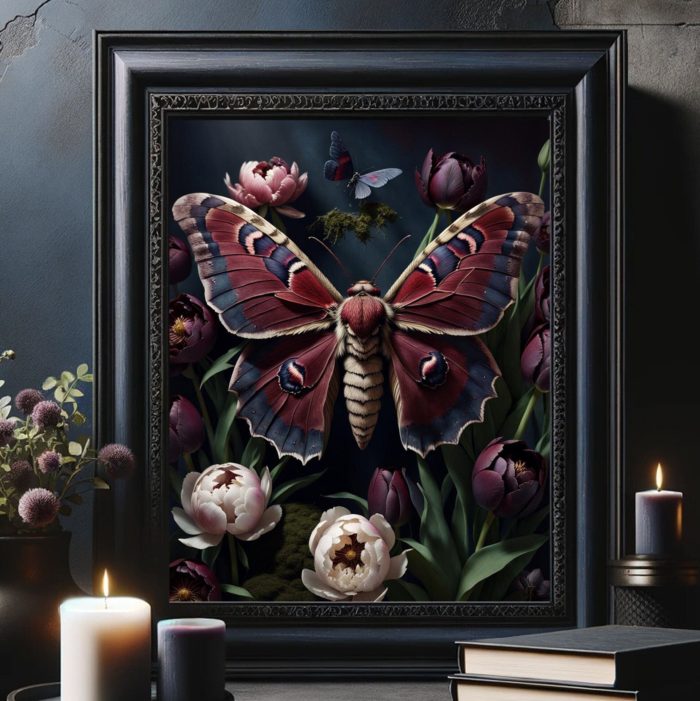 Victorian Moth Floral Art Print With 6 Frame Options, Dark Academia ...