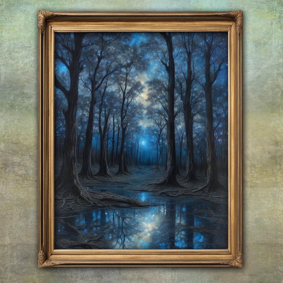 Spooky Blue Black Forest Landscape Art | Moody Forest Printable Digital ...