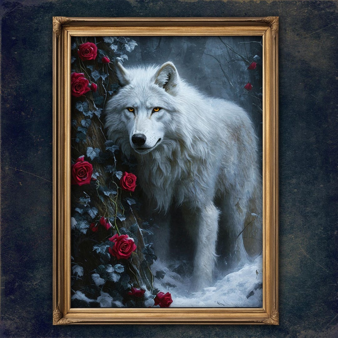 Printable White Wolf With Roses Moody Floral Wall Art, Dark Academia ...